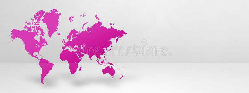 Purple World Map on White Wall Background. 3D Illustration. Horizontal ...