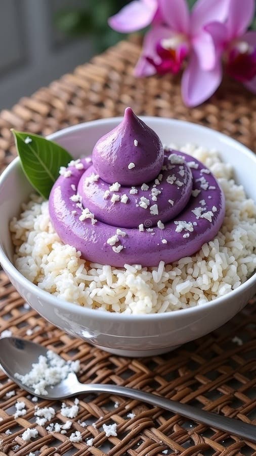 Purple Yam Dessert with Rice and Coconut Flakes in White Bowl Stock ...