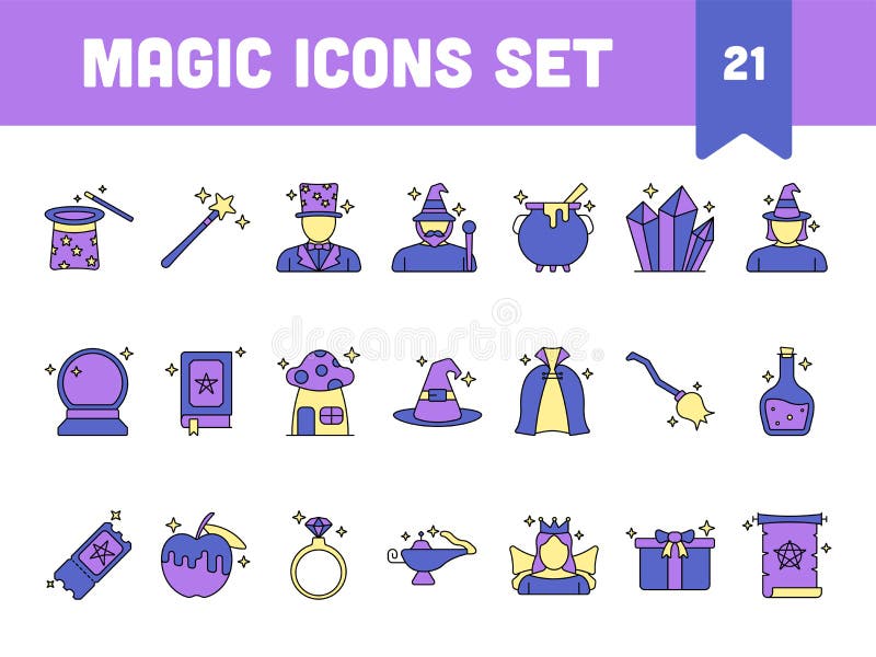 Purple and Yellow Set of Magic Flat Icon or Symbols Stock Illustration ...