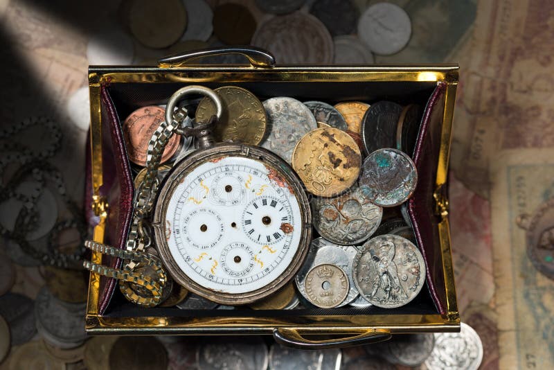 Purse with Broken Pocket Watch and Coins Stock Image - Image of metal ...