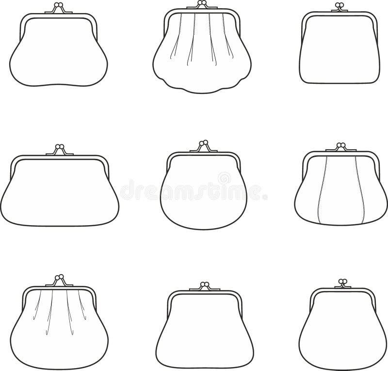 Purse Set Flat Sketch. Wallet Apparel Design. Accessory CAD Mockup ...
