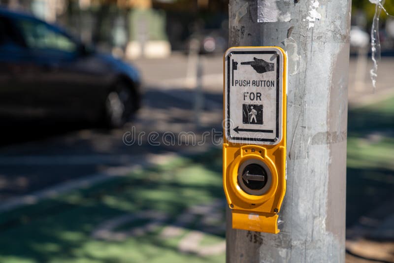 Push Button Cross Walk Intersection on Light Post with Sign Stock Image ...