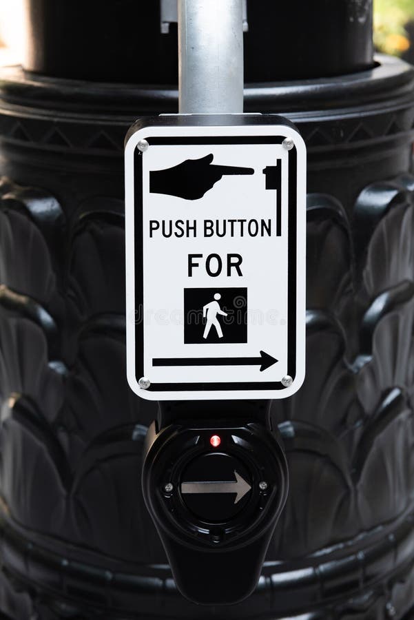 Push Button for Pedestrian Crossing Sign at a Crosswalk. Stock Photo ...