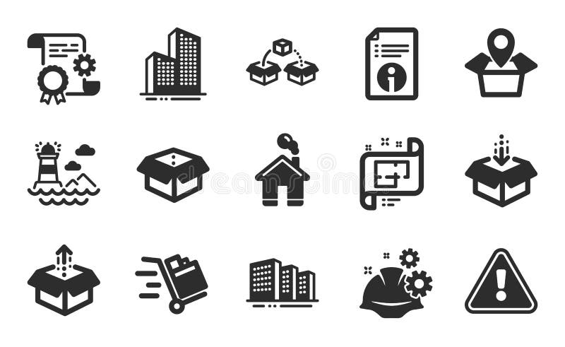 Push Cart, Lighthouse and Working Process Icons Set. Vector Stock ...