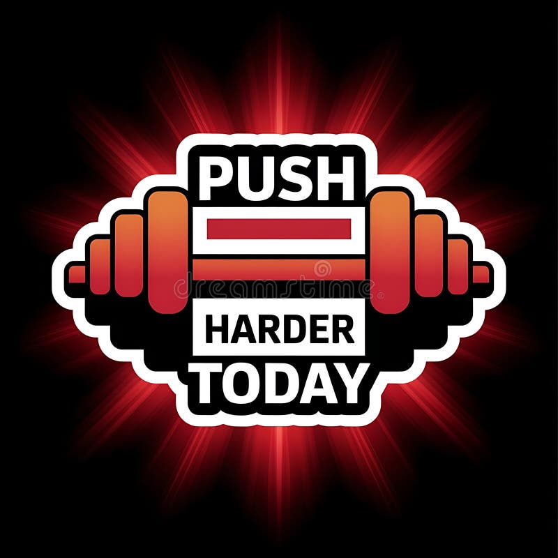 Push Harder Today Gym Dumbbell Icon, Powerful Red Gradient, Bold Font, with Thick White Sticker ...
