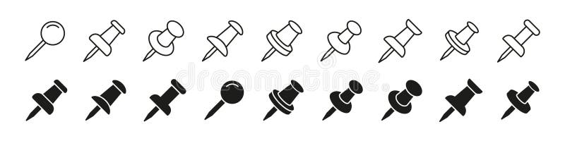 Push Pin Icon Set. Linear and Silhouette Style. Vector Illustration ...