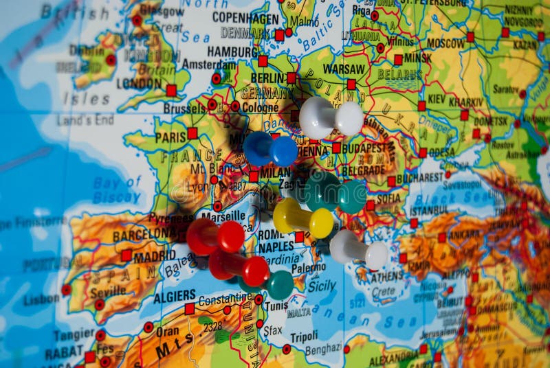 Push Pins on a Physical Geographic Map Stock Image - Image of european ...