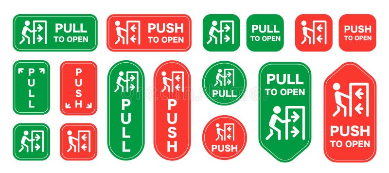 Push and Pull Door Sign Set. Labels with Icons in Red and Green Colors ...