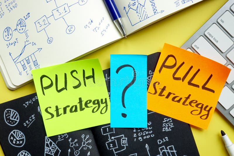 Push or Pull Strategy in Marketing. Notepads and Keyboard. Stock Photo ...