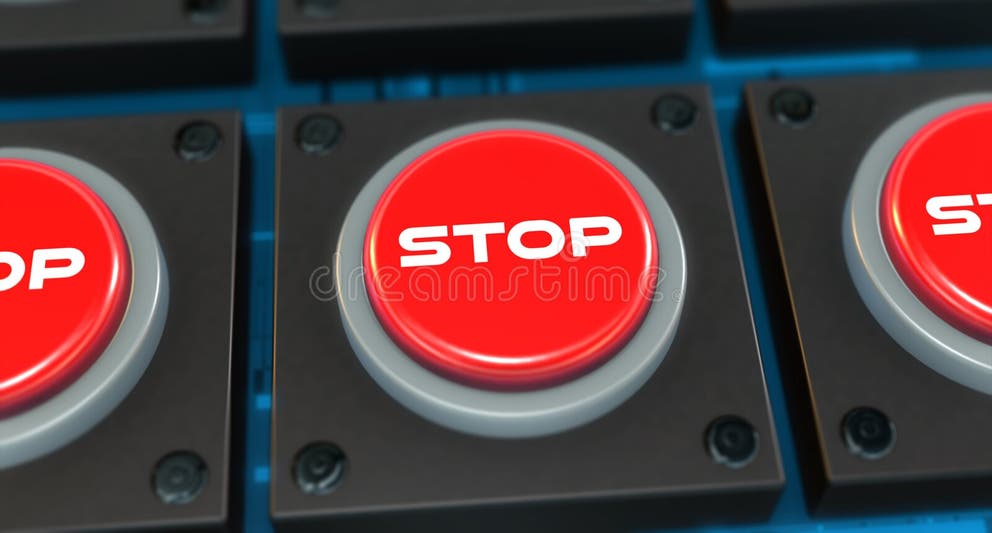 Pushed Red Danger Button with Word Stop with Focus on Button 3D Render ...