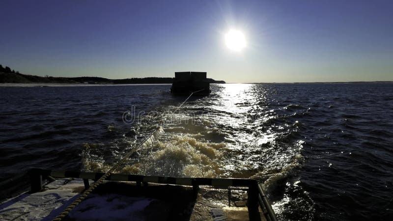 Pusher Boat and Barge Transporting Goods by Sea. Clip. View from a Boat ...