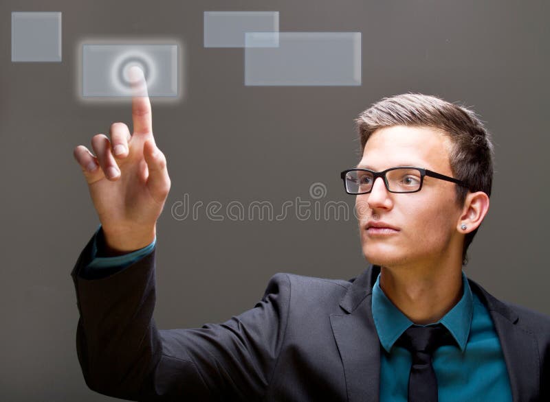 Pushing a Button in a Digital World Stock Photo - Image of executive ...