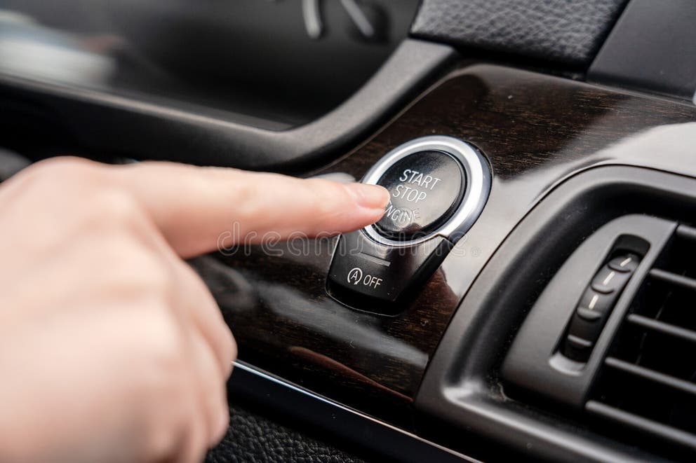 Pushing Start Ignition Button Switch in the Car. Driving Stock Photo ...