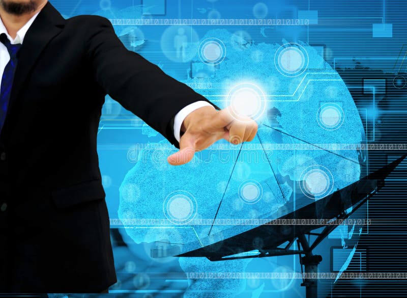 Man Pressing Touch Screen Buttons on Blue Stock Image - Image of global ...