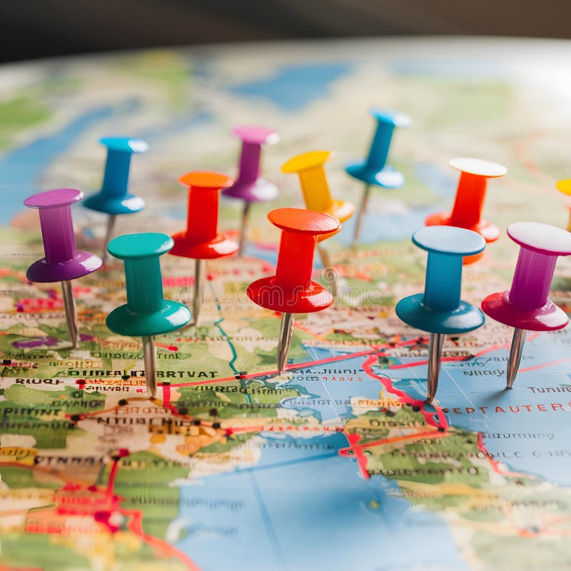 Pushpins Mark Destinations on Map, Representing Diverse Travel ...