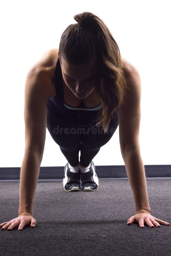 Fitness Woman Doing Push Ups Exercise with Dumbbells Stock Image ...