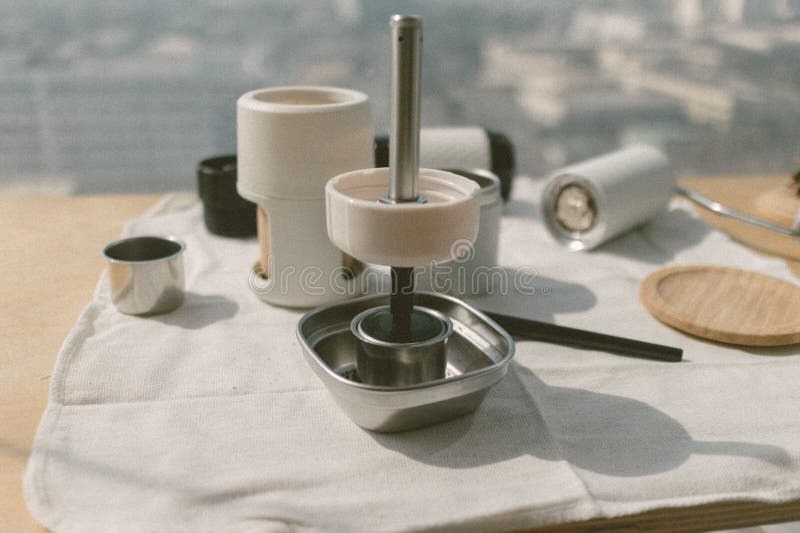 Put and Temping Grounded Coffee into Coffee Basket. Stock Photo - Image ...