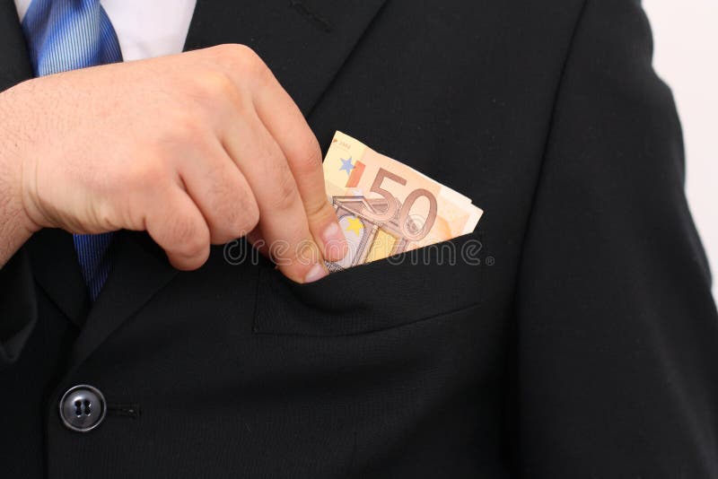 Putting 50 Euro in the Own Pocket Stock Image - Image of suit, hand ...