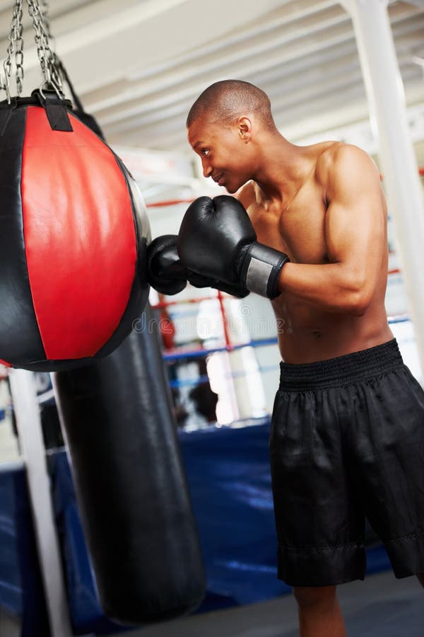 Putting the Hard Hours in. an African American Boxer Practicing with a ...
