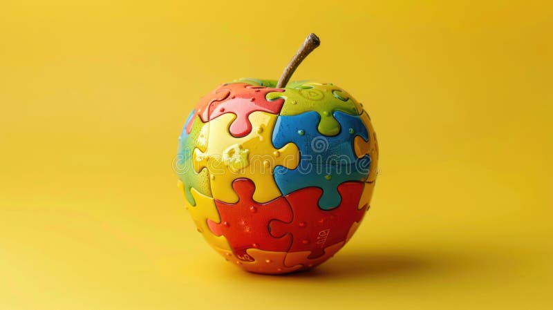 Puzzle Apple with Multicolored Pieces on a Yellow Background. Autistic ...