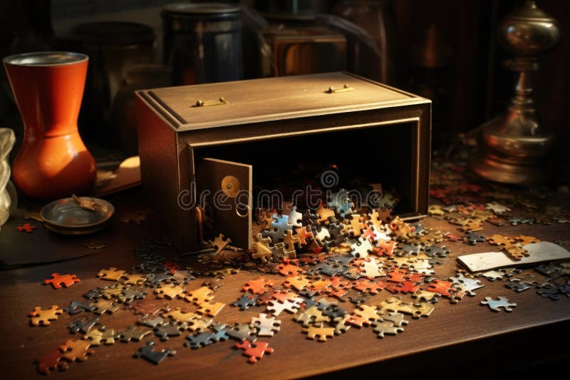 Puzzle Box and Scattered Pieces on a Table Stock Illustration ...