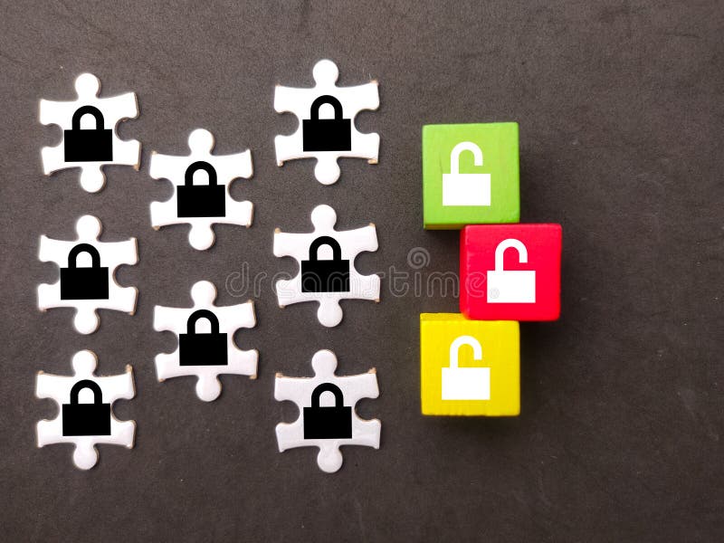 Puzzle and Colored Cube with Lock and Unlock Icons Stock Photo - Image ...
