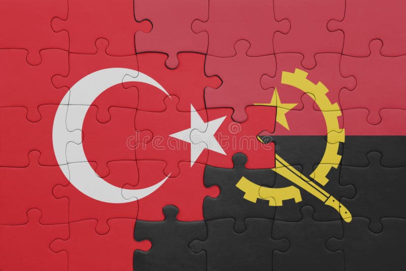 Puzzle with the Colourful National Flag of Angola and Flag of Turkey ...