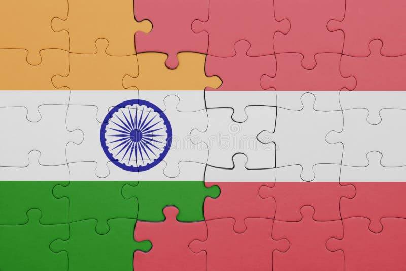 Puzzle with the Colourful National Flag of Austria and Flag of India ...