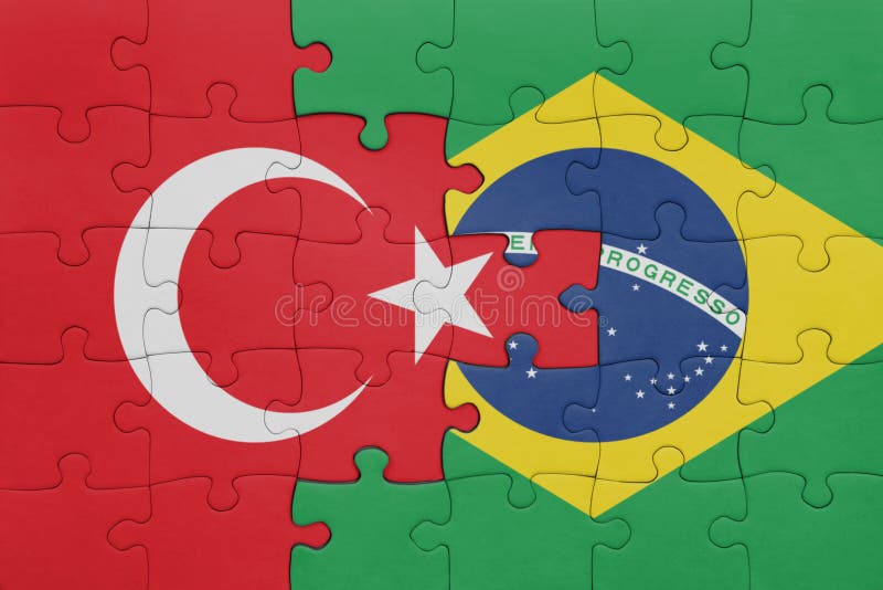 Puzzle with the Colourful National Flag of Brazil and Flag of Turkey ...