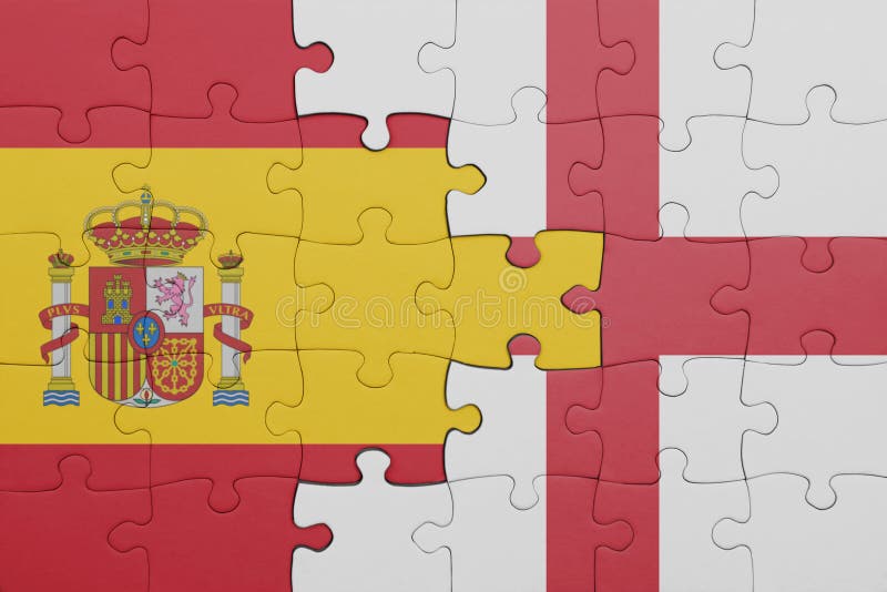 Puzzle with the Colourful National Flag of England and Flag of Spain ...