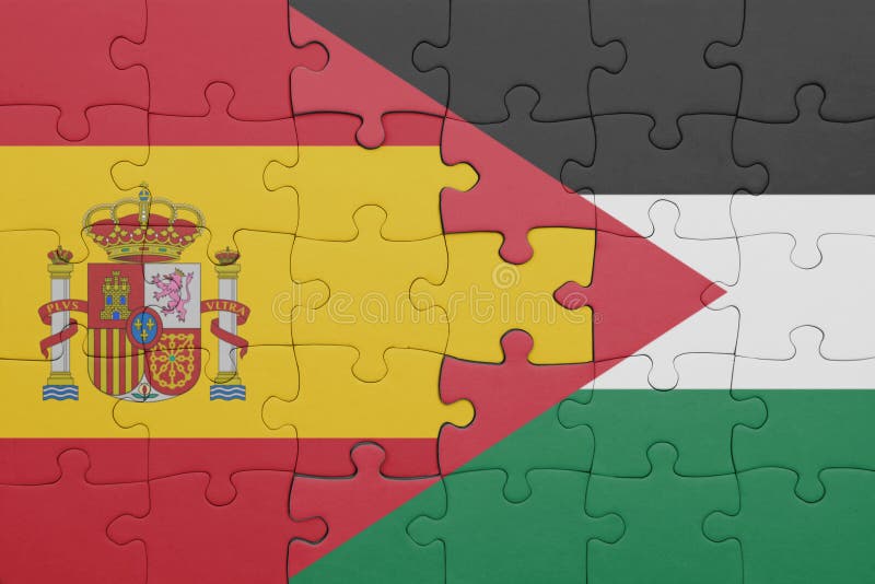 Puzzle with the Colourful National Flag of Jordan and Flag of Spain ...