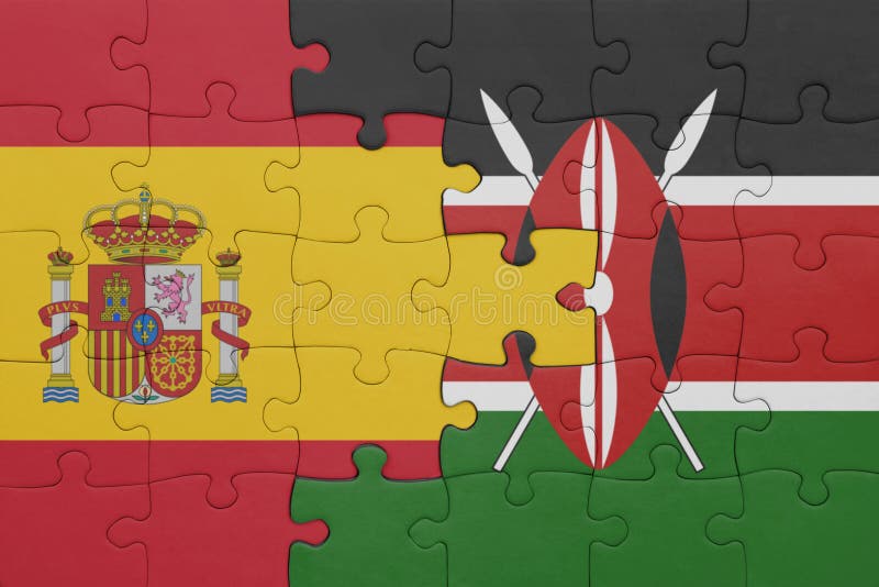 Puzzle with the Colourful National Flag of Kenya and Flag of Spain ...