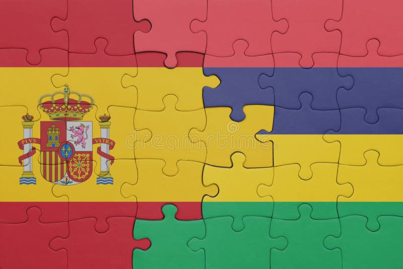 Puzzle with the Colourful National Flag of Mauritius and Flag of Spain ...
