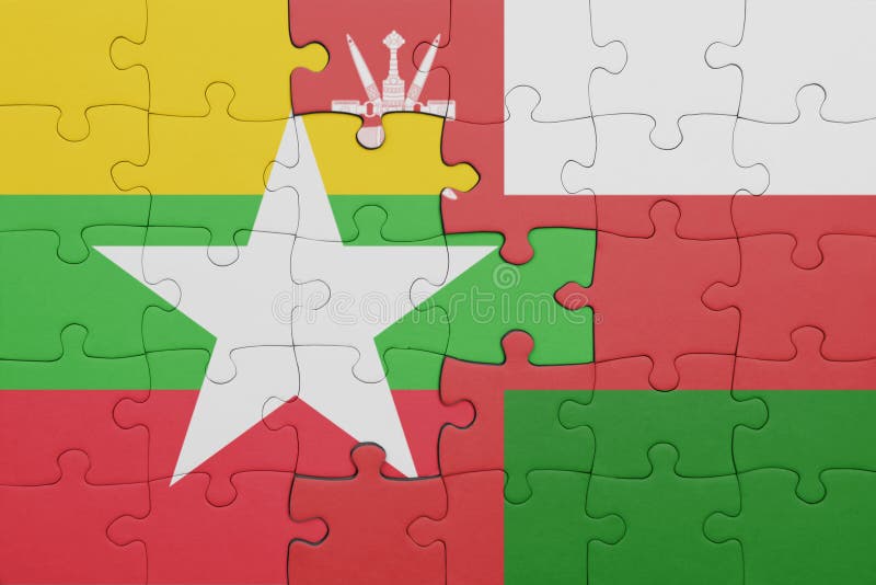 Puzzle with the Colourful National Flag of Myanmar and Flag of Oman ...