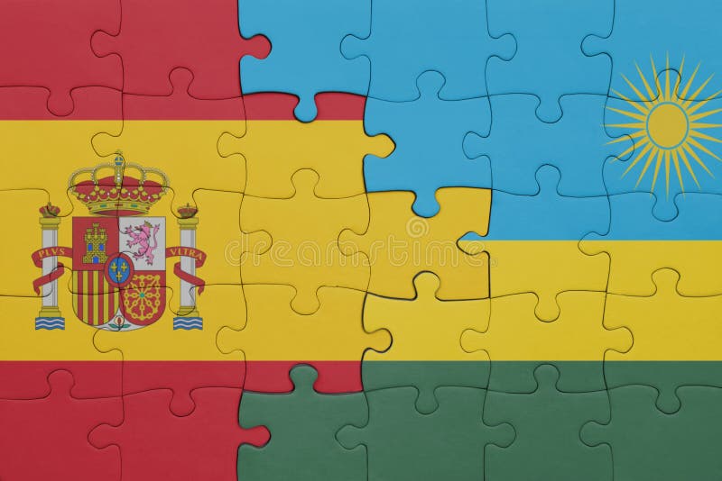 Puzzle with the Colourful National Flag of Rwanda and Flag of Spain ...
