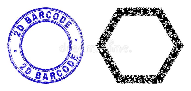 Blue Scratched 2D Barcode Stamp Seal and Empty Hexagon Icon Mosaic of ...