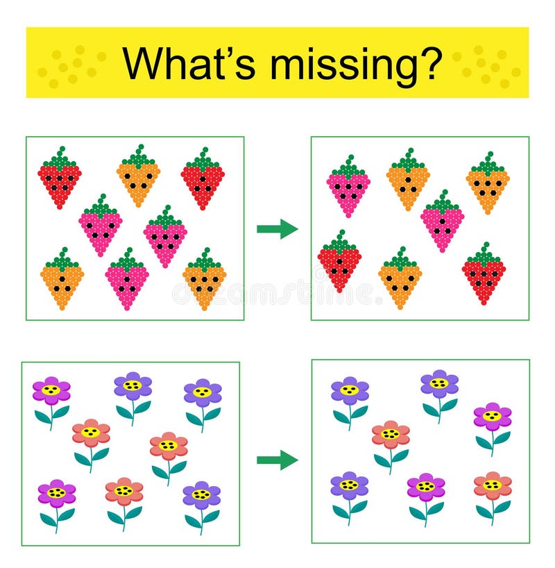 Puzzle Game. Find the Missing Object. Cartoon Strawberry, Flower Stock ...