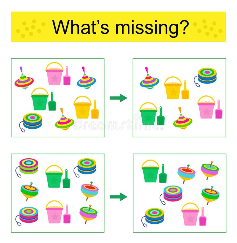 Puzzle Game. Find the Missing Object. Cartoon Toys. Vector Illustration ...