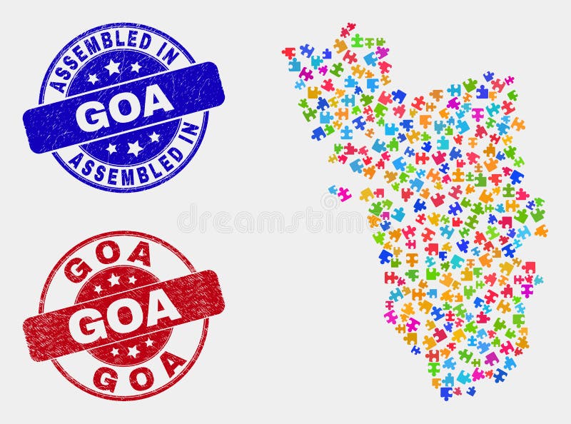Puzzle Goa State Map and Scratched Assembled and Goa Seals Stock Vector ...
