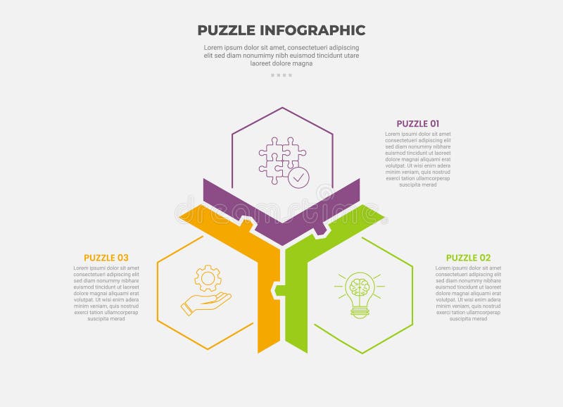 Puzzle Infographic Outline Style with 3 Point Template with Hexagon ...
