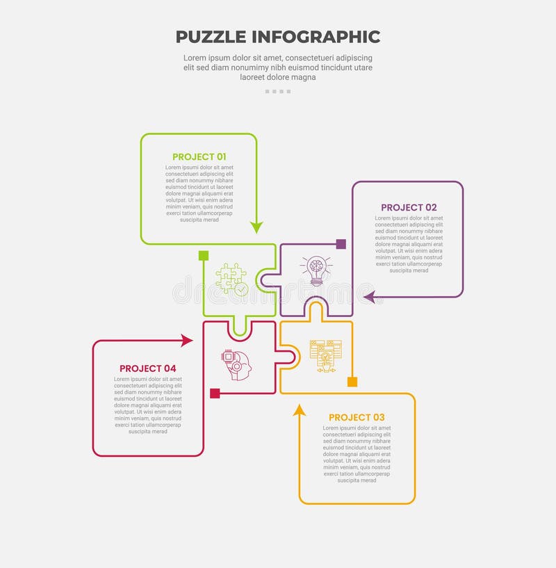 Puzzle Infographic Outline Style with 4 Point Template with Square Base ...