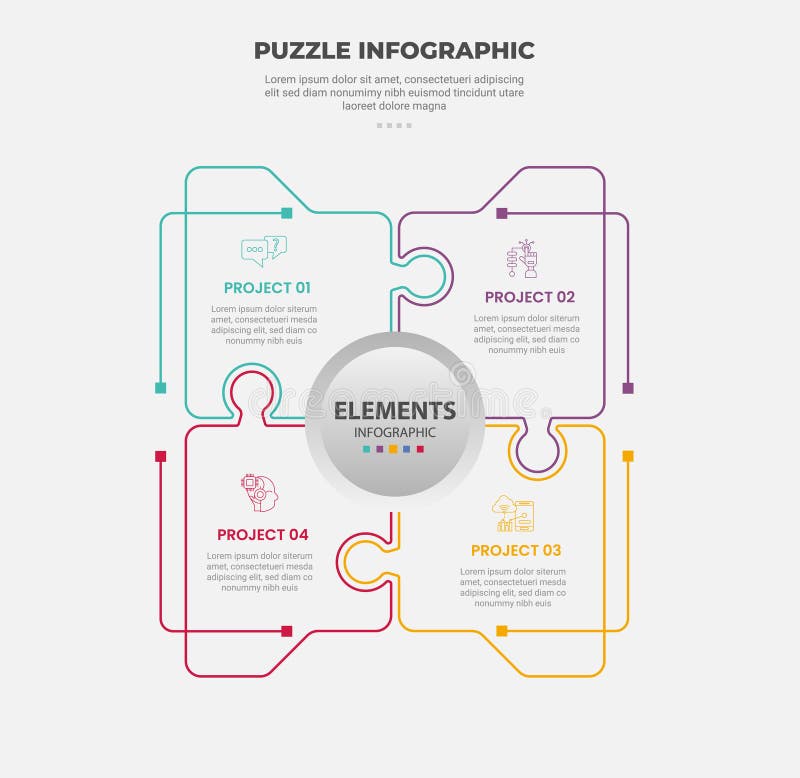 Puzzle Infographic Outline Style with 4 Point Template with Square ...