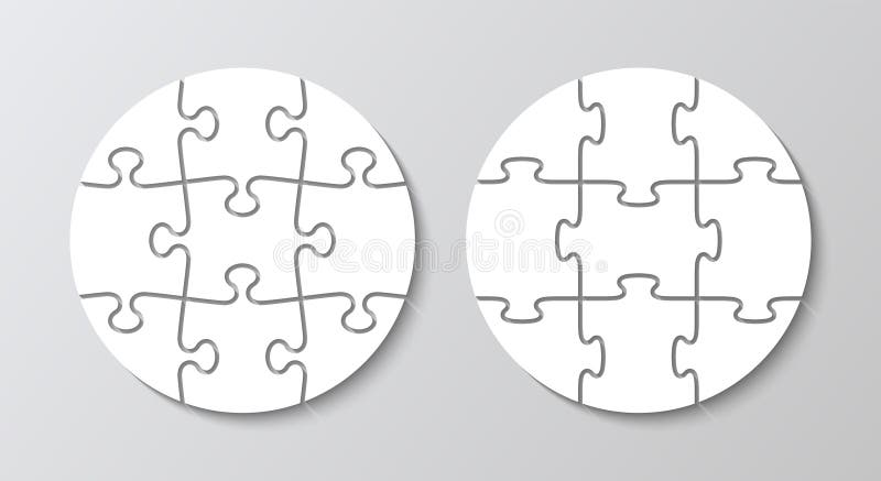 Puzzle Jigsaw Grids Set. 9 Pieces Square in Round Frame Templates Stock ...