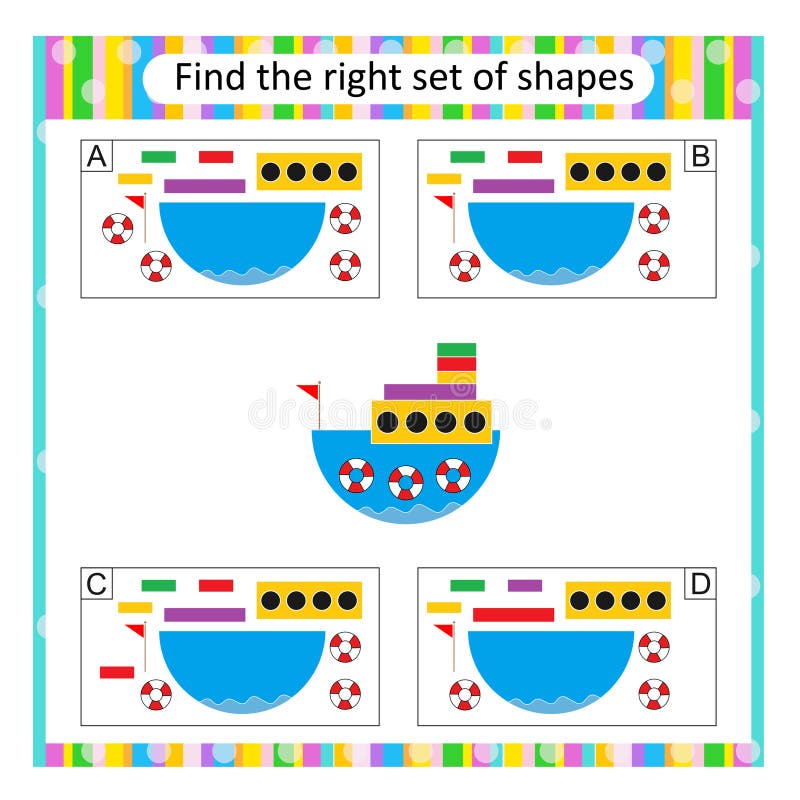 Puzzle for Kids. Attention Task. Find the Correct Set of Cartoon Ship ...