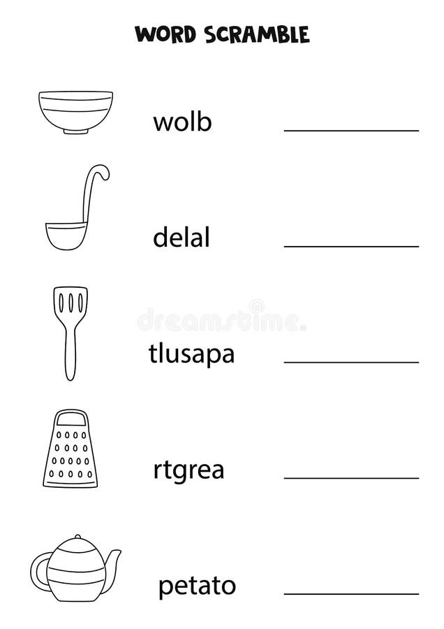 Puzzle for Kids. Word Scramble for Children. Black and White Kitchen Tools. Stock Vector ...