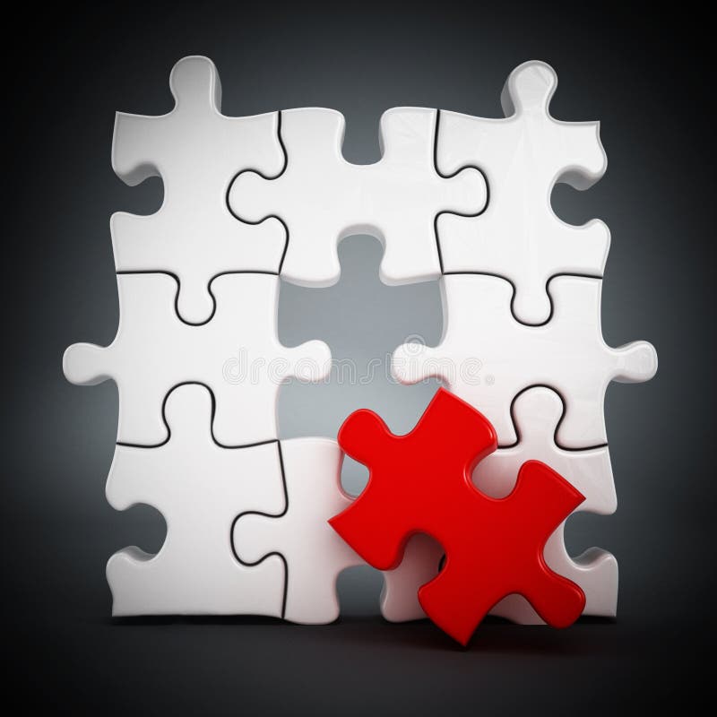 Red Puzzle Part Standing between White Puzzle Parts. 3D Illustration ...