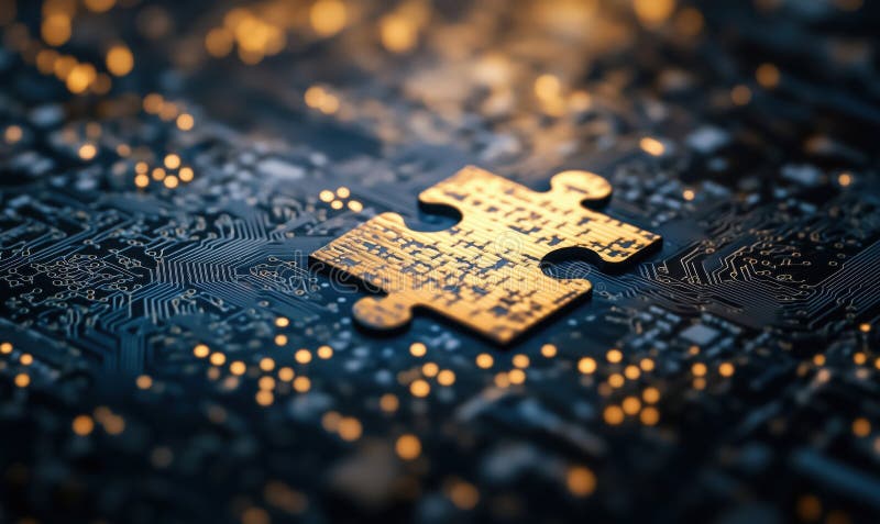 Puzzle Piece on Circuit Board Background, Intricate Electronic Patterns ...