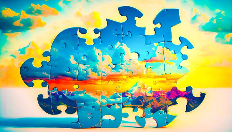 Puzzle Piece with Picture of Mountain in the Sky. Generative AI Stock ...