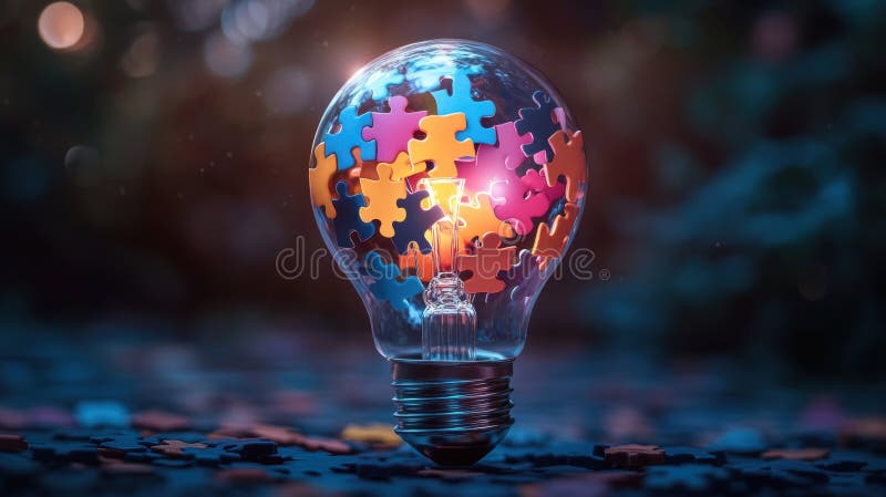 Puzzle Pieces Connecting To Create a Lightbulb, Showcasing the ...