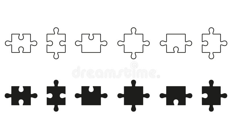 Puzzle Pieces Fit Line and Silhouette Icon Set. Teamwork, Idea, Logic ...